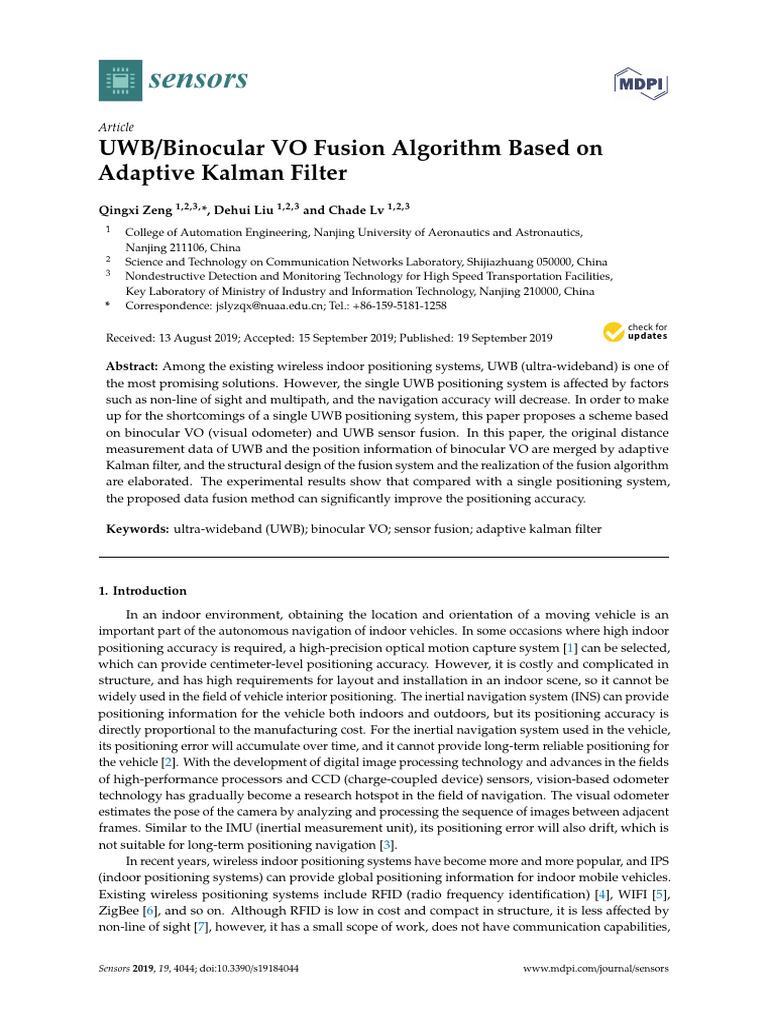 D4 - UWBBinocular VO Fusion Algorithm Based On Adaptive Kalman Filter | PDF | Ultra Wideband ...