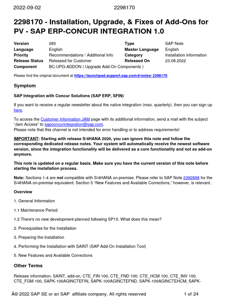Installation Upgrade And Fixes Of Add Ons For Pv Sap Erp Concur Integration 1 0 Pdf