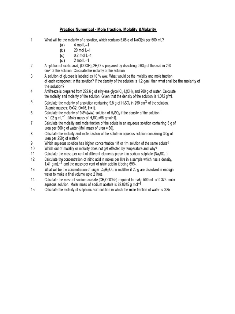 Numerical - Mole Concept, Molarity and Molality | PDF