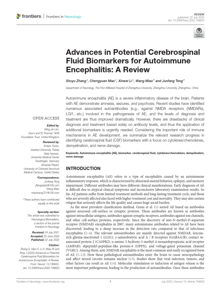 Advances in Potential Cerebrospinal Fluid Biomarkers For Autoimmune Encephalitis - A Review ...