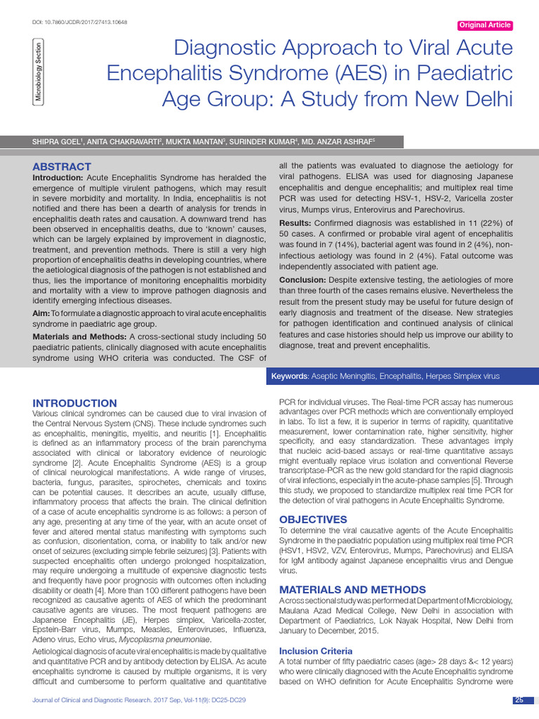 Diagnostic Approach To Viral Acute Encephalitis Syndrome (AES) in ...