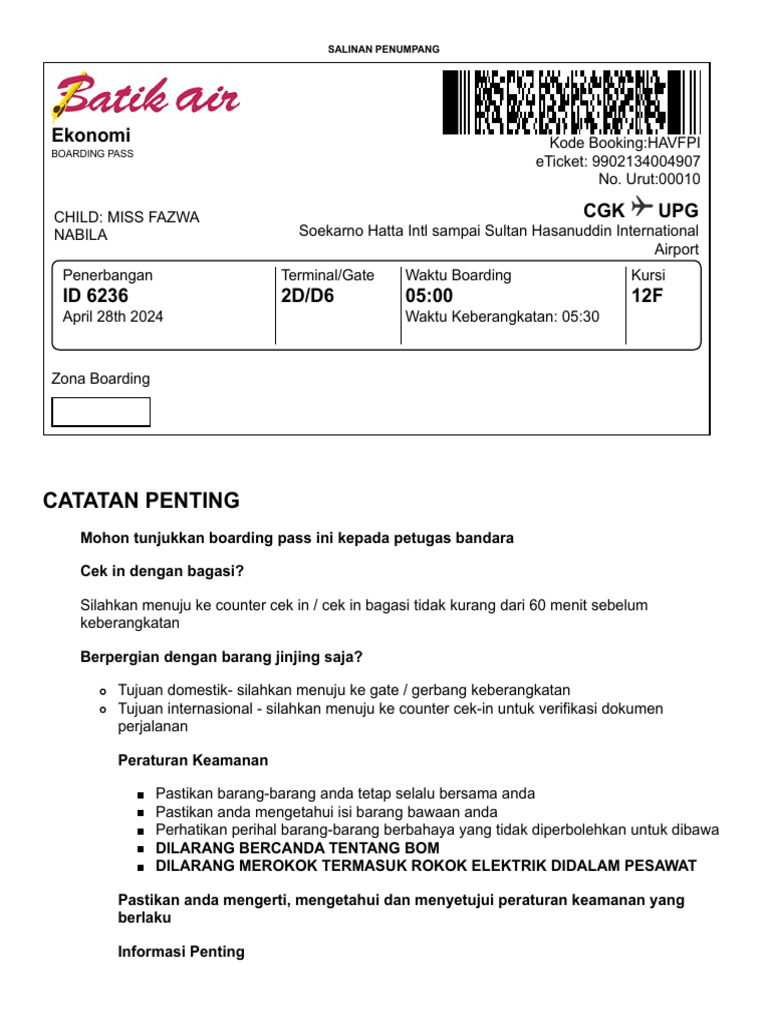 Contoh Tiket Pesawat Batik | PDF