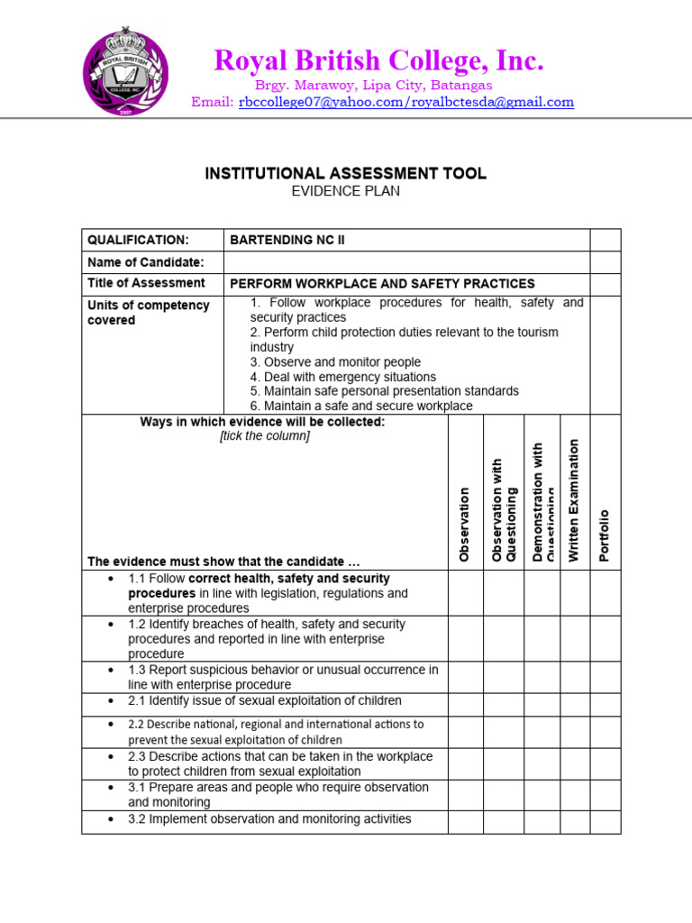 Bartending NC II Safety Assessment Guide | PDF | Safety | Emergency