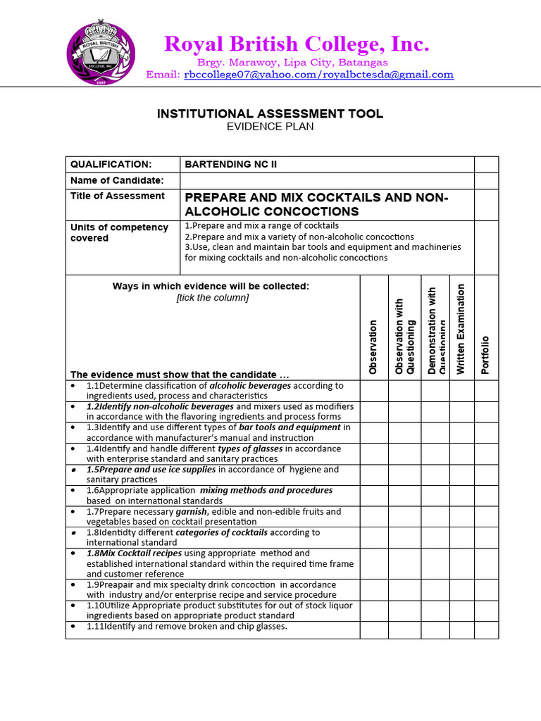 Bartending NC II Assessment Guide | PDF | Cocktails | Drink