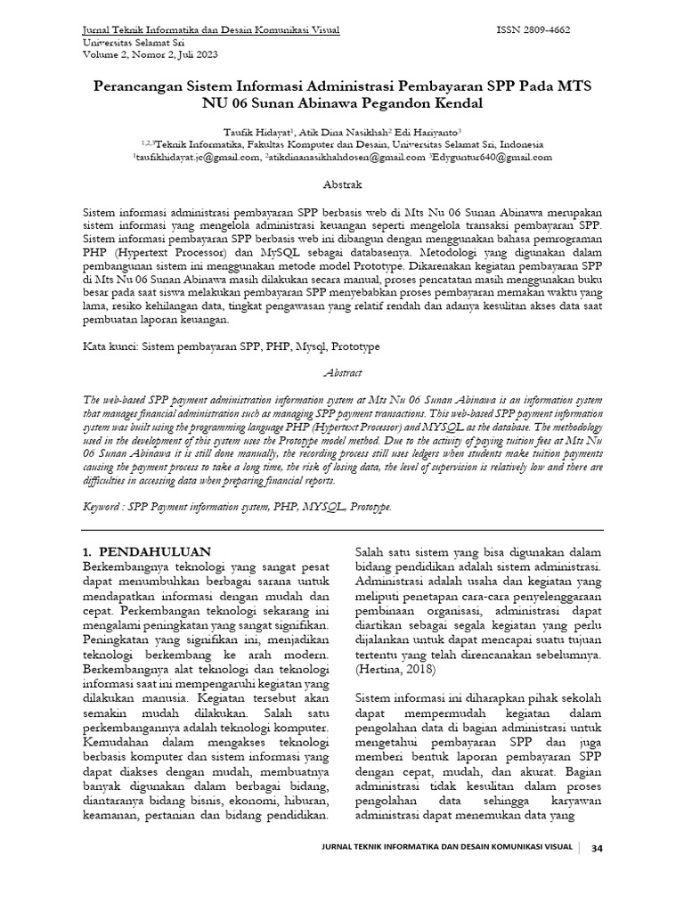 (34 - 40) Perancangan Sistem Informasi Administrasi Pembayaran SPP Pada Mts Nu 06 Sunan Abinawa ...