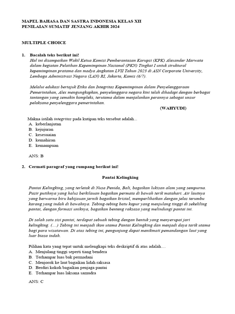 Soal Bahasa Dan Sastra Indonesia | PDF