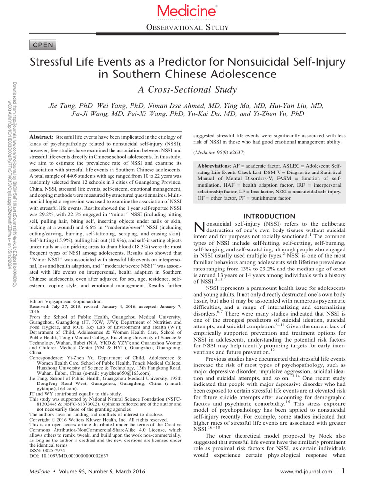 Stressful Life Events As A Predictor For.5 | PDF | Self Harm ...