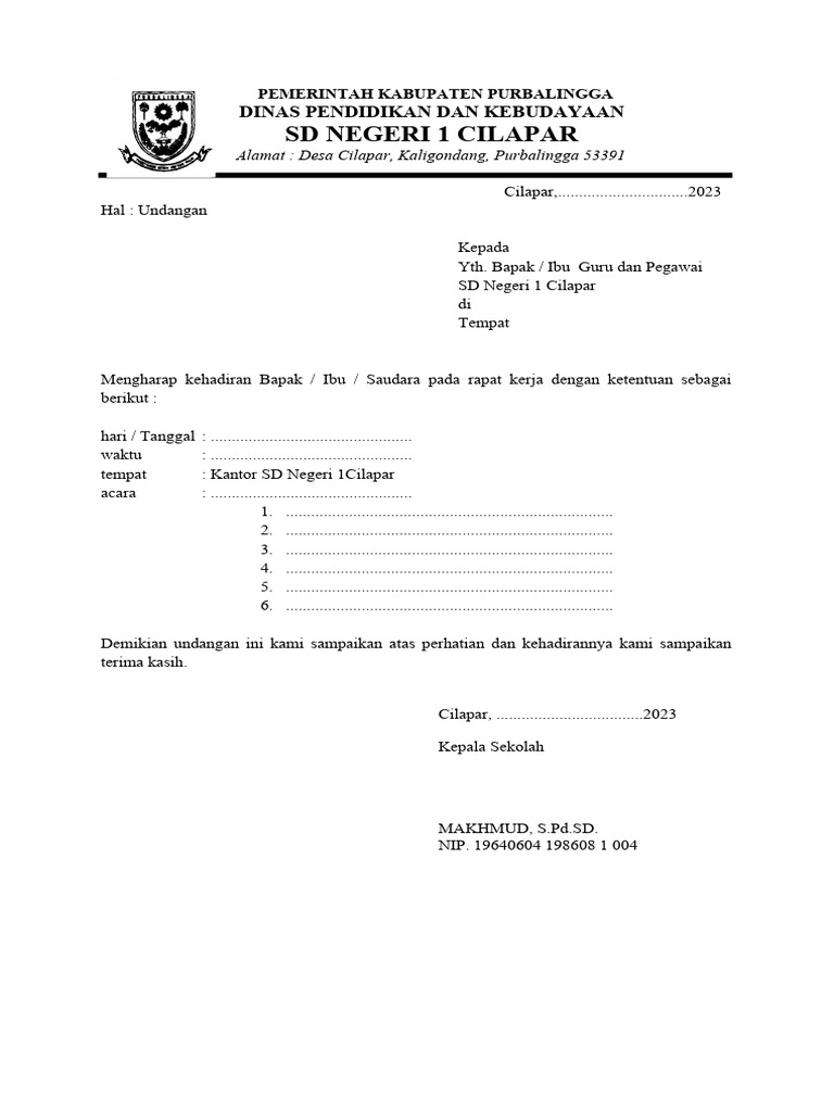 Undangan Rapat Kerja SDN 1 Cilapar | PDF