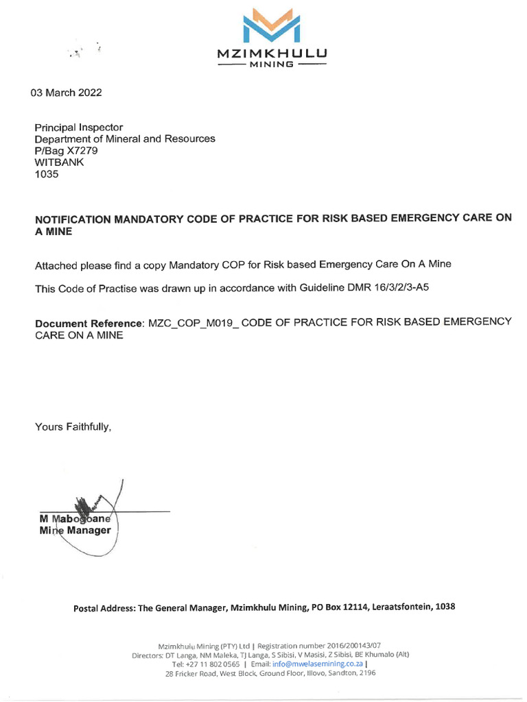 MZC - COP - M019 - Code of Practice For Risk Based Emergency Care On A Mine - PDF - Signed | PDF