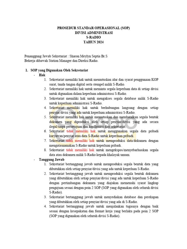 SOP Divisi Administrasi S-Radio 2024 | PDF