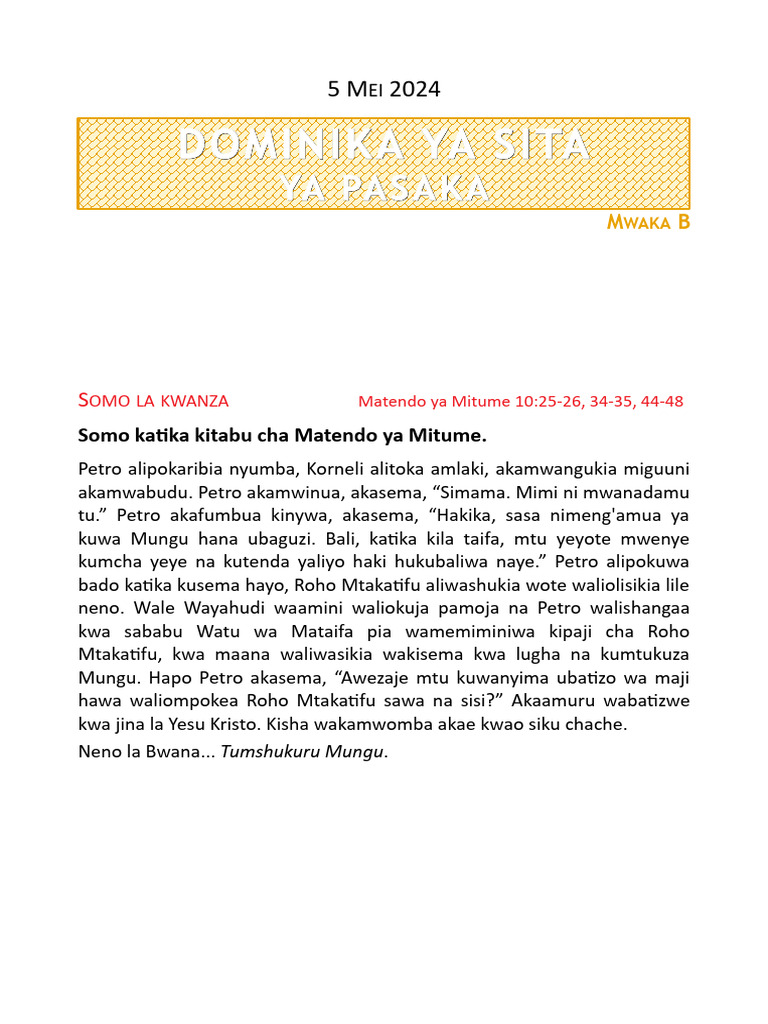 Dominika Ya Sita Dominika Ya Sita: Ya Pasaka Ya Pasaka | PDF