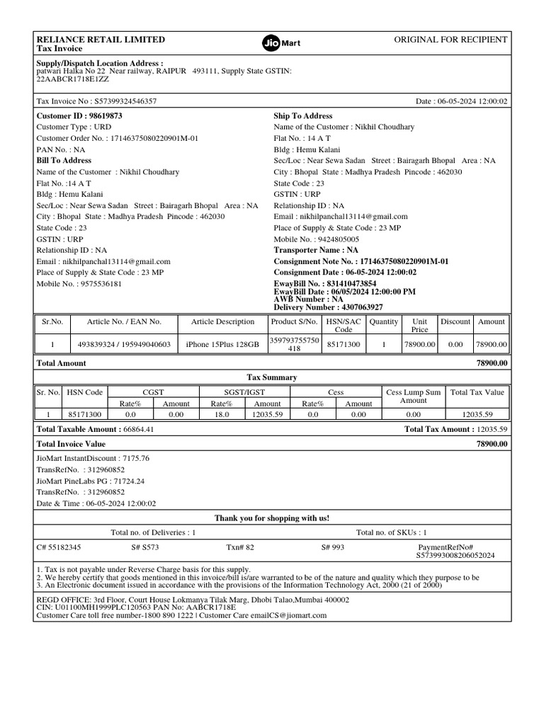 Reliance Retail Limited Tax Invoice: Original For Recipient | Download ...