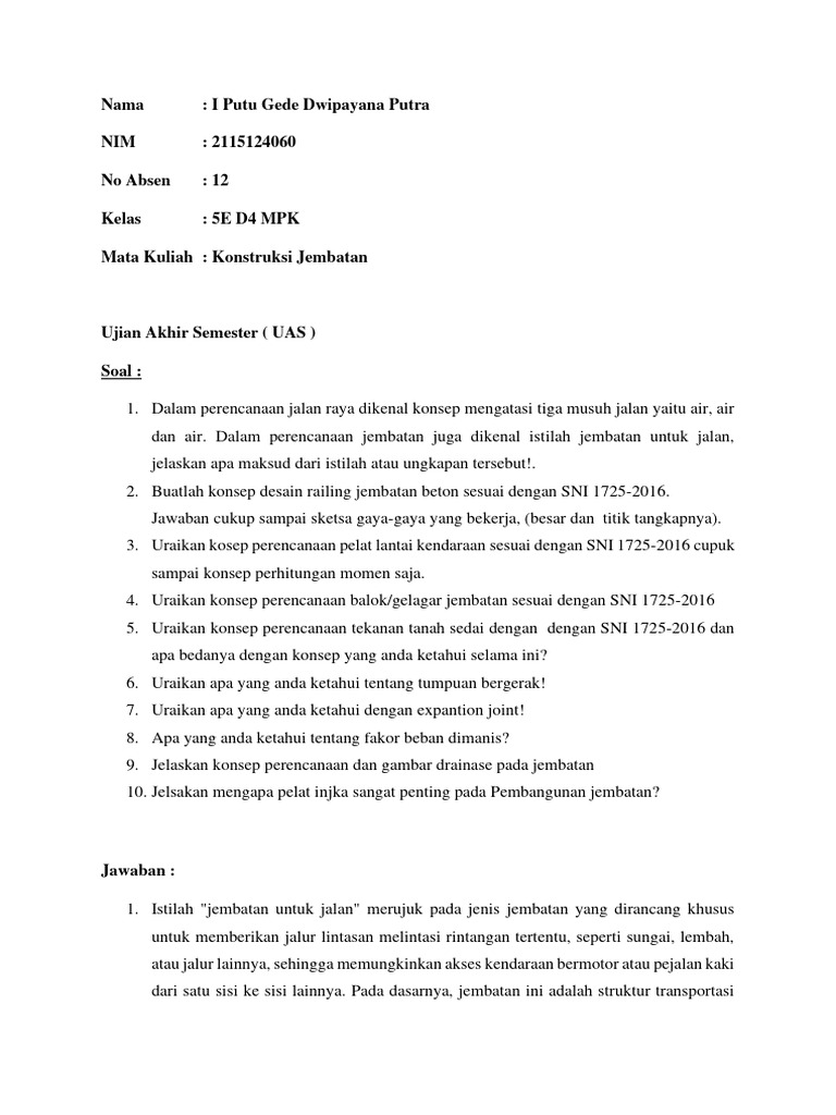 12 - I Putu Gede Dwipayana Putra - 5E MPK - UAS Struktur Jembatan | PDF
