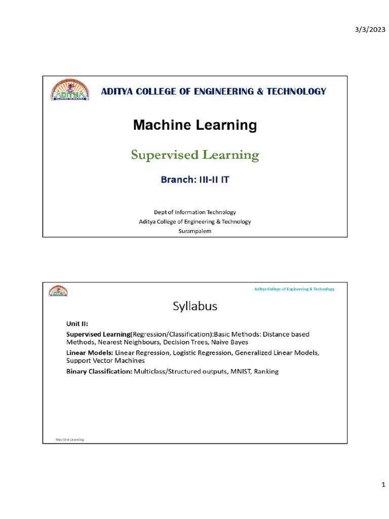 Unit II - 2 - Supervised Learning | PDF