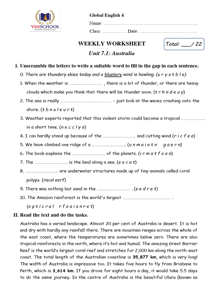 S4.W27.U7.1 - Weekly Worksheet | PDF | Australia | Coral Reef