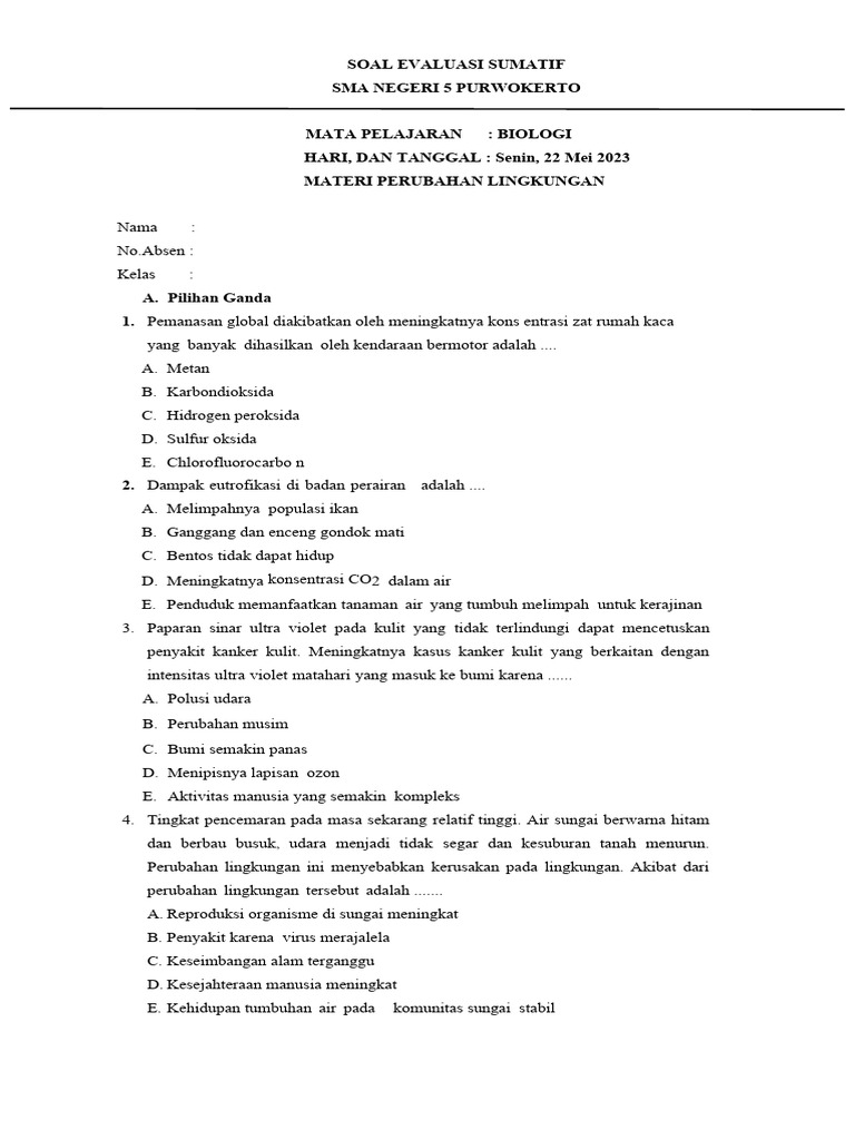 Soal Evaluasi Sumatif Bab Perubahan Ling | PDF | Sains & Matematika ...