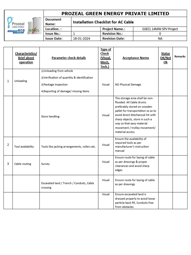 Cable - Installation Check list-AC | PDF | Insulator (Electricity ...