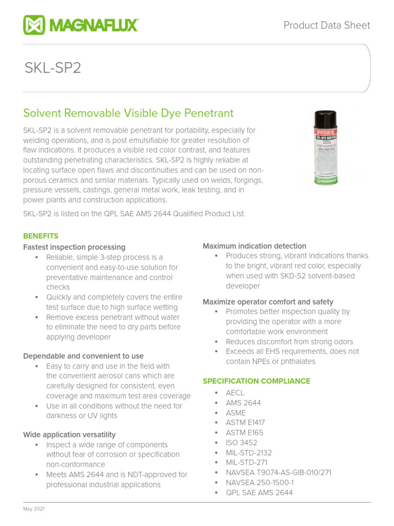 Magnaflux SKL SP2 Removable Visible Dye Penetrant | PDF | Welding | Construction