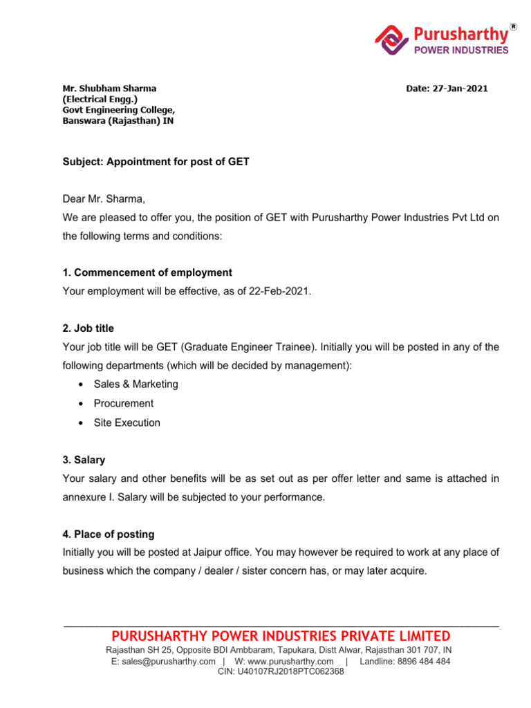 Appointment Letter - Subham | PDF | Employment | Business Law