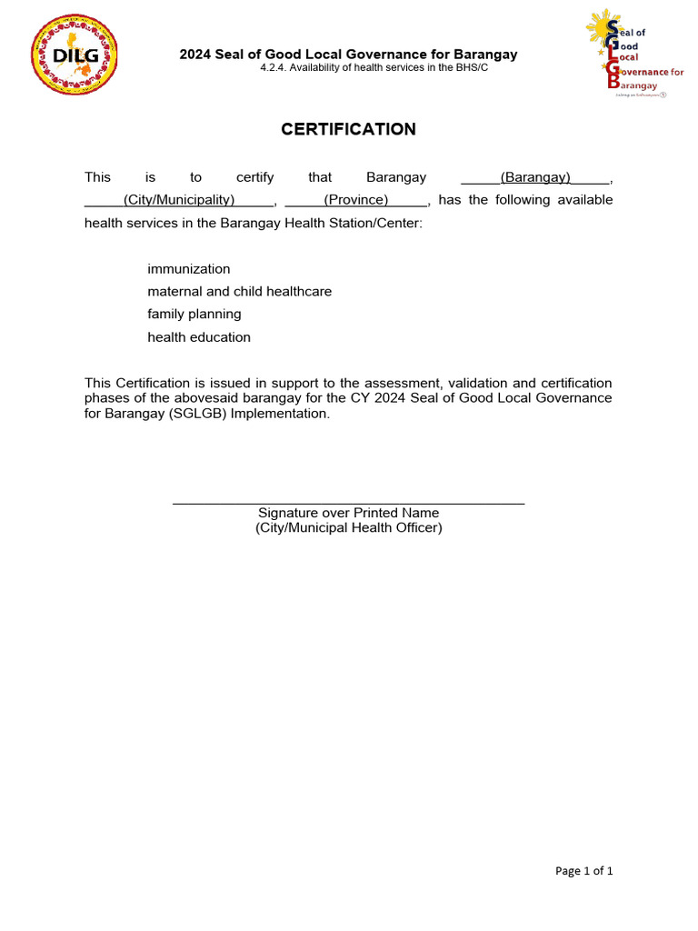 Barangay Health Services Certification 2024 | PDF
