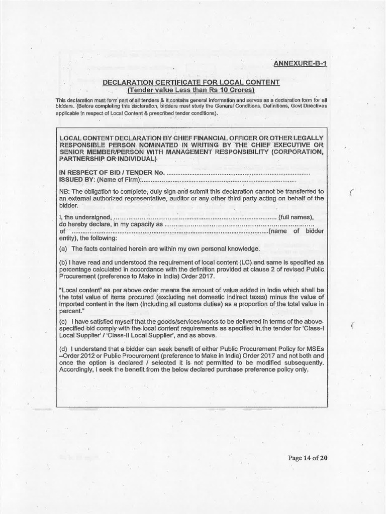 13 Enclosure 13 - Format For Self-Certification by Local Suppliers (ANNEX. B1) | PDF