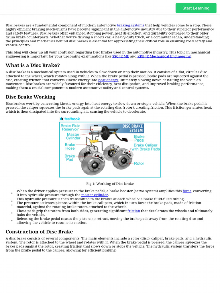What Is A Disc Brake - Construction, Working, Types & Advantages | PDF