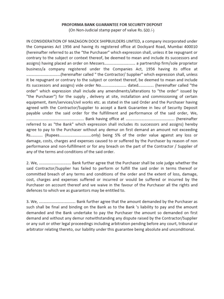 Proforma BG For Security Deposit (SDBG) | PDF