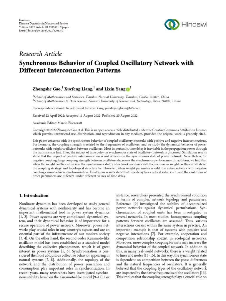 Research Article: Synchronous Behavior of Coupled Oscillatory Network With Different ...