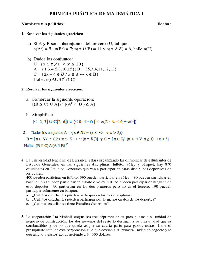 PRIMERA PRÁCTICA DE MATEMÁTICA I | PDF