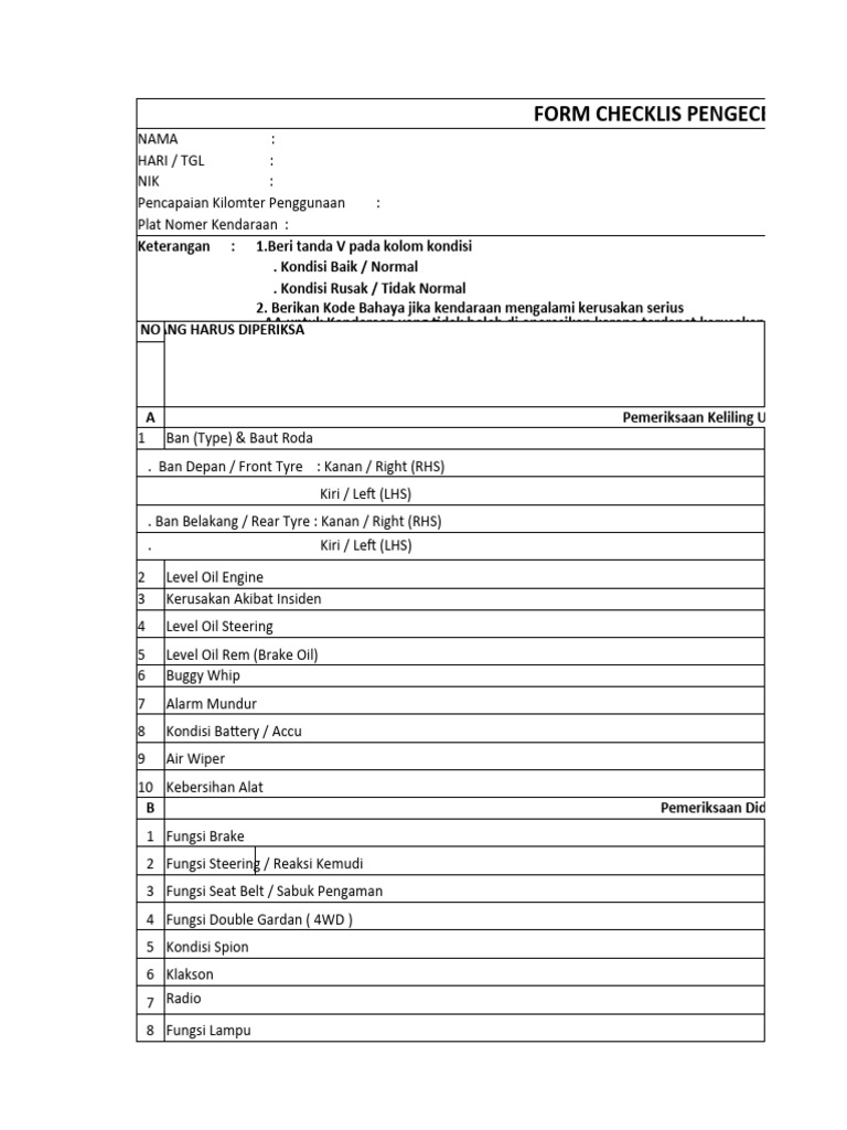 Form Pengecekan Kendaraan | PDF