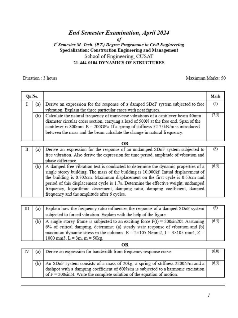 Dynamics of Structures - End Semester QP | PDF | Damping | Oscillation