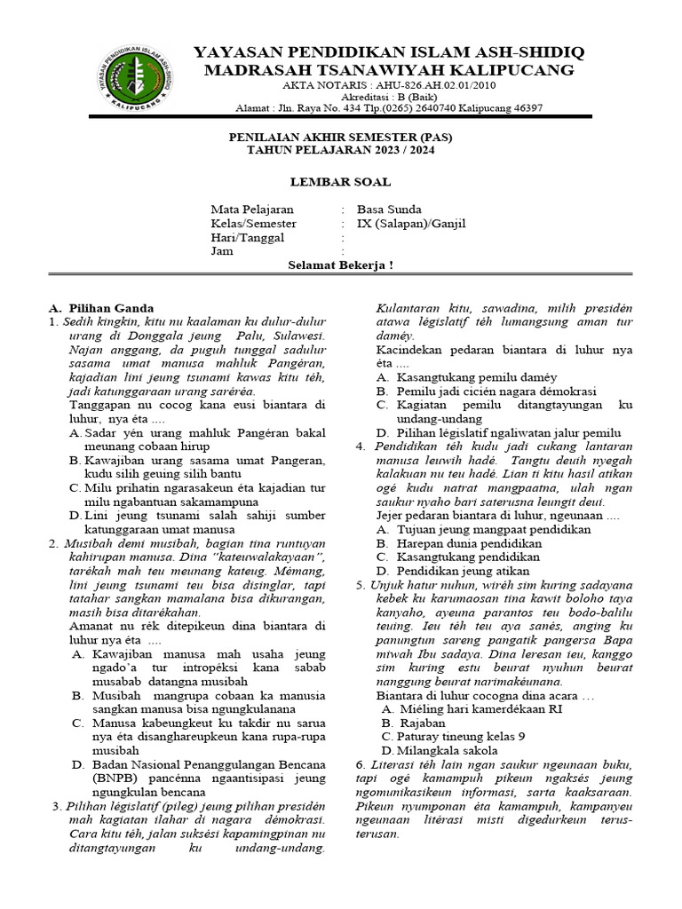 Soal PAS B. Sunda Kelas 9 Fix | PDF | Seni & Disiplin Bahasa