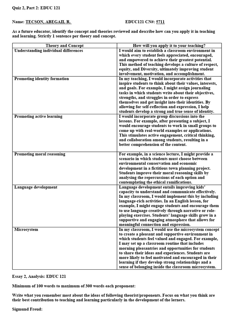 TECSON, ABEGAIL R EDUC 121 Quiz 2 and Essay With Analysis 1 | PDF ...