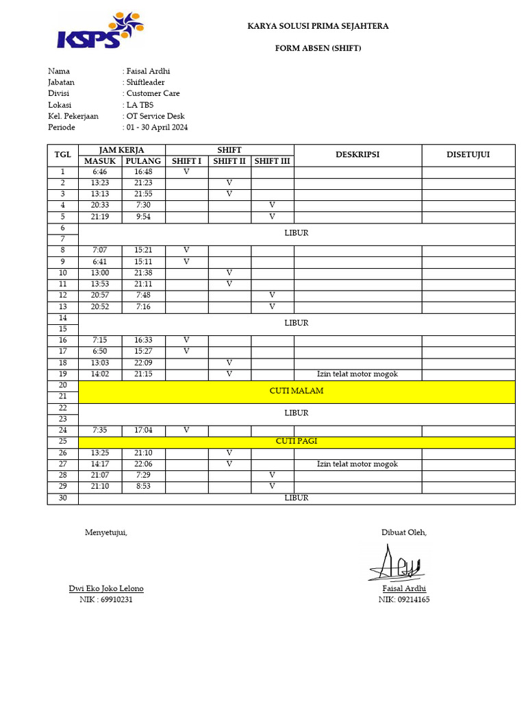 Form Absensi Shift - April 2024 | PDF