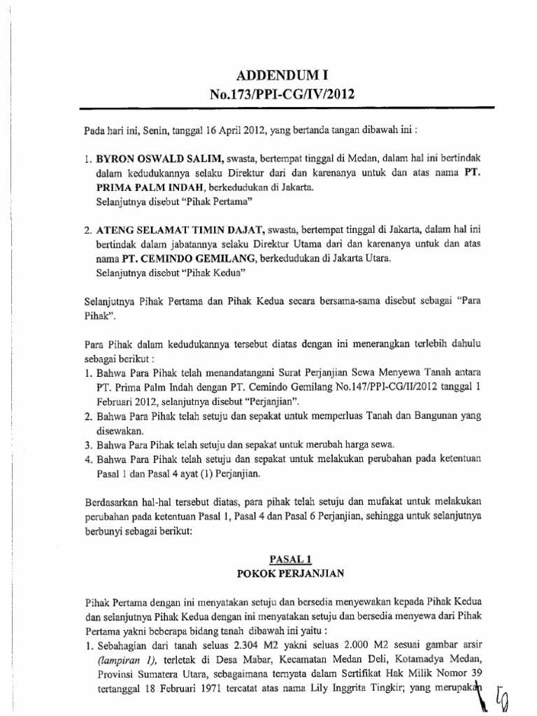 Addendum Perjanjian Sewa Tanah Ppi CG | PDF