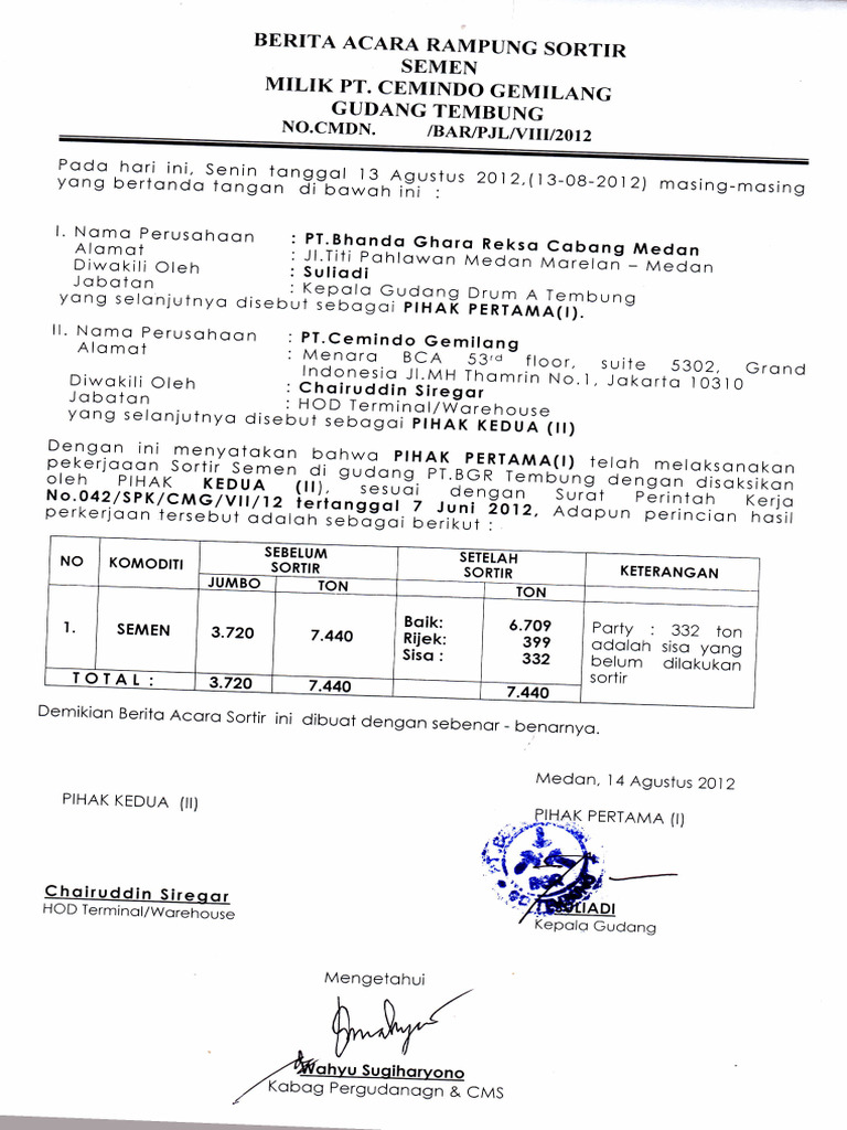 Berita Acara SORTIR Cemindo Gemilang | PDF