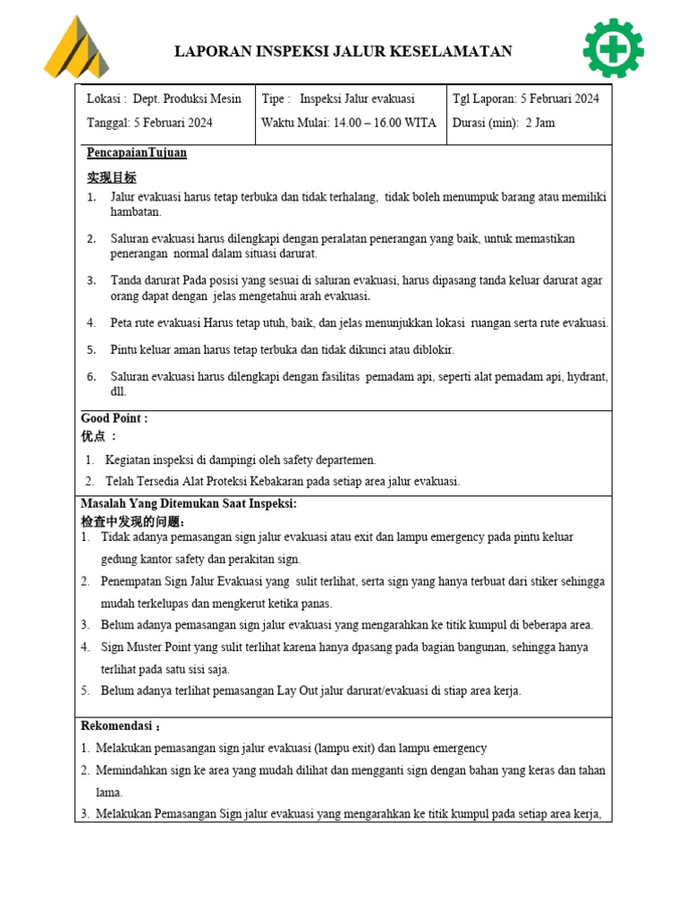 Inspeksi Jalur Evakuasi Dept. Produksi Mesin ITSS | PDF
