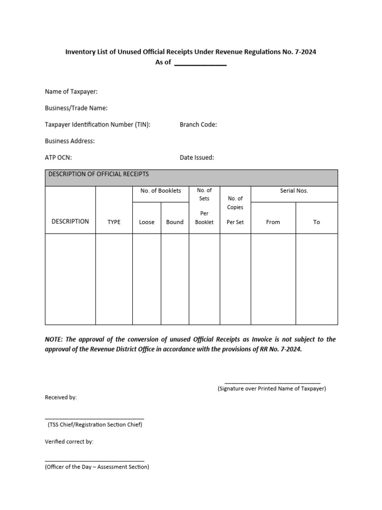 BIR Inventory List of Unused Receipts | PDF