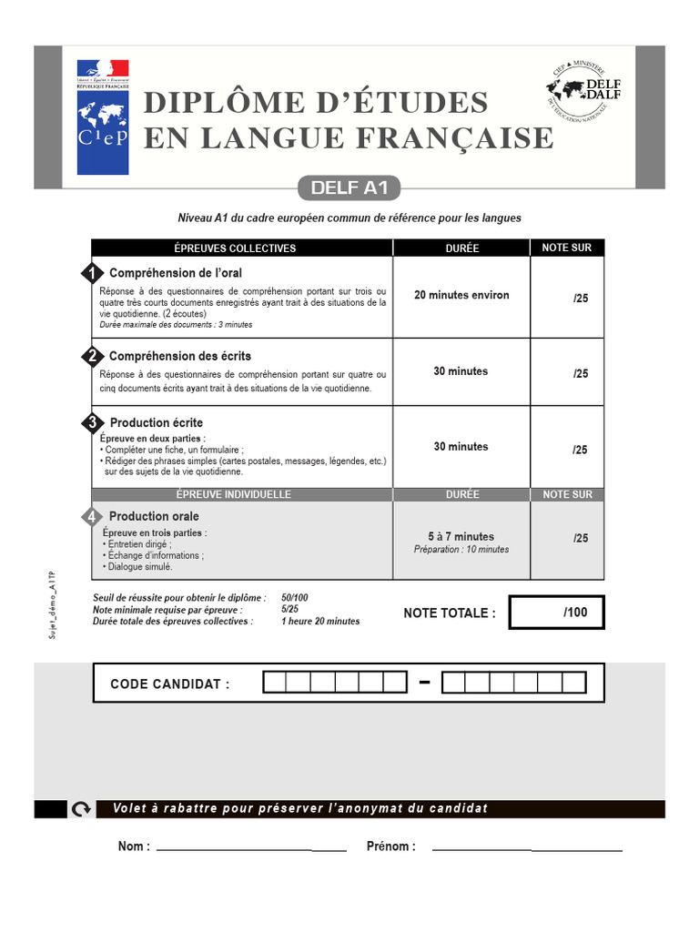 Diplôme DELF A1 : Épreuves et Notes | PDF