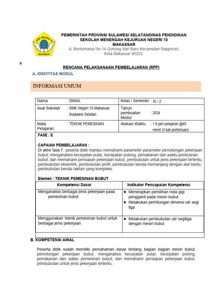 Modul Ajar Teknik Pemesinan - Membubut Ulir Segi Tiga - Fase F | PDF