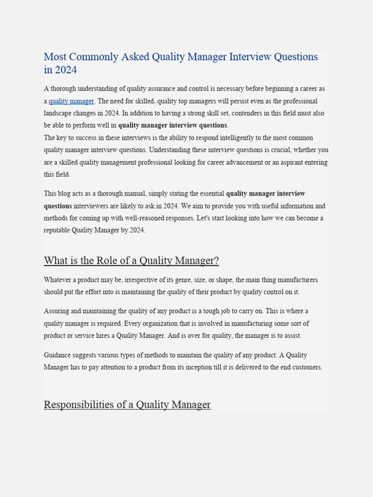Essential Quality Manager Interview Questions | PDF | Quality ...