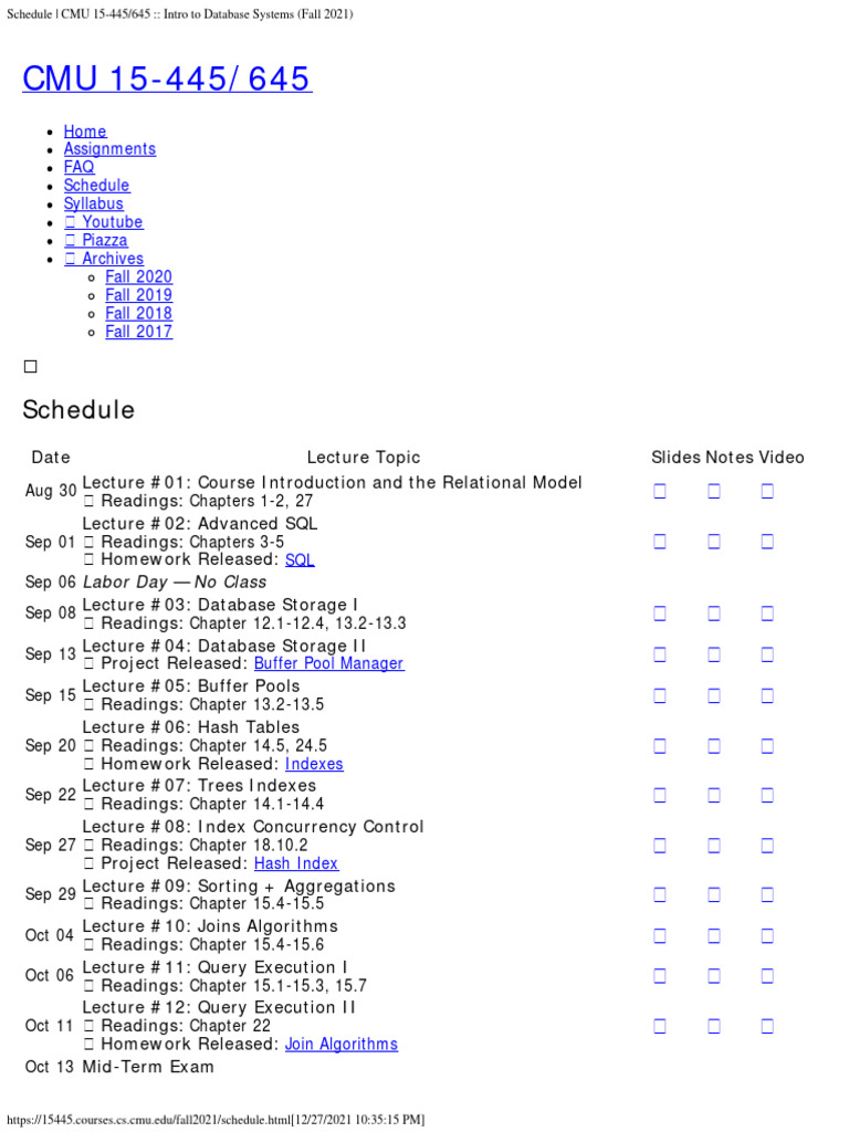 CMU 15-445/645 Fall 2021 Schedule | PDF | Database Index | Relational ...