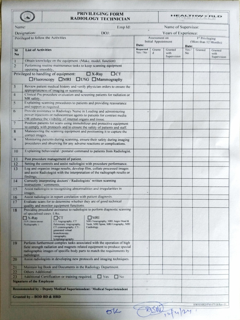 Privileging Form - Radiology Technician | PDF