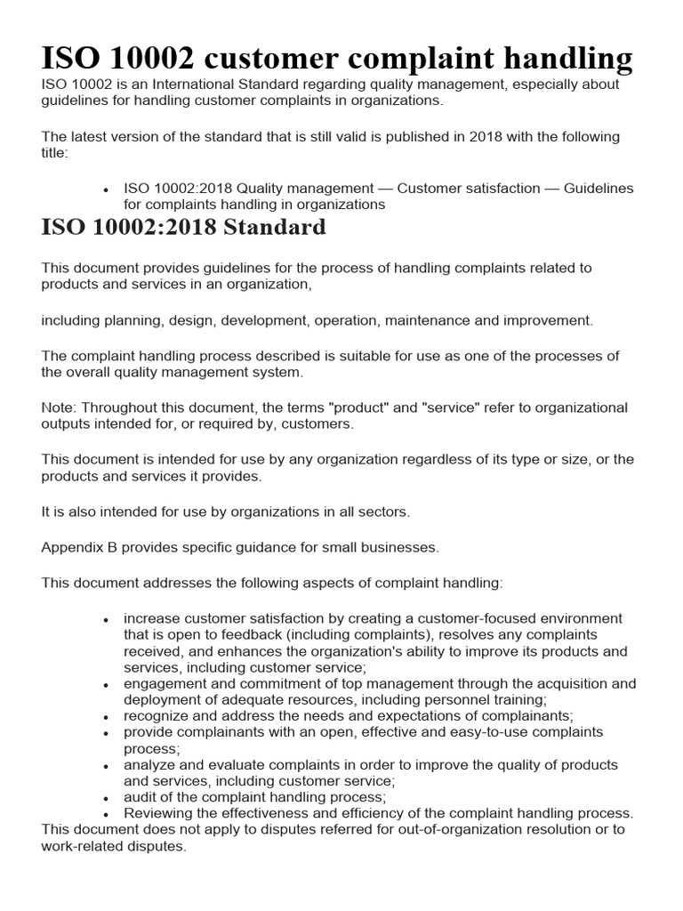 ISO 10002:2018 Complaint Handling Guide | PDF | International ...