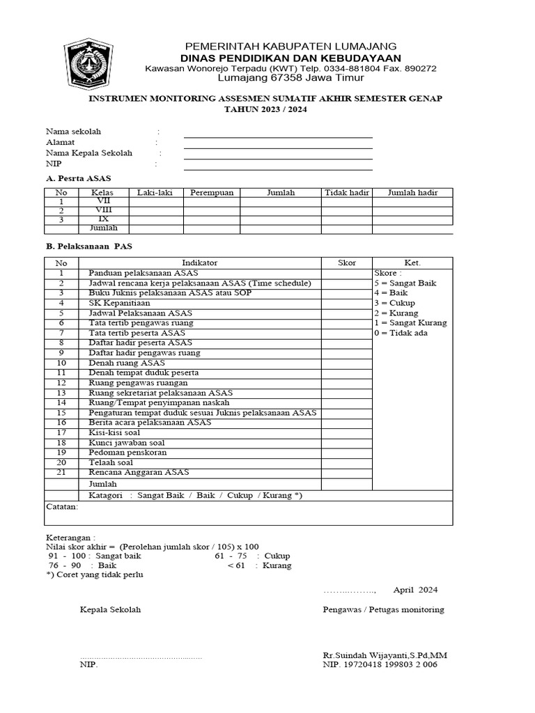 iNSTRUMEN ASAS SMP kls 9 tahun 2024 | PDF