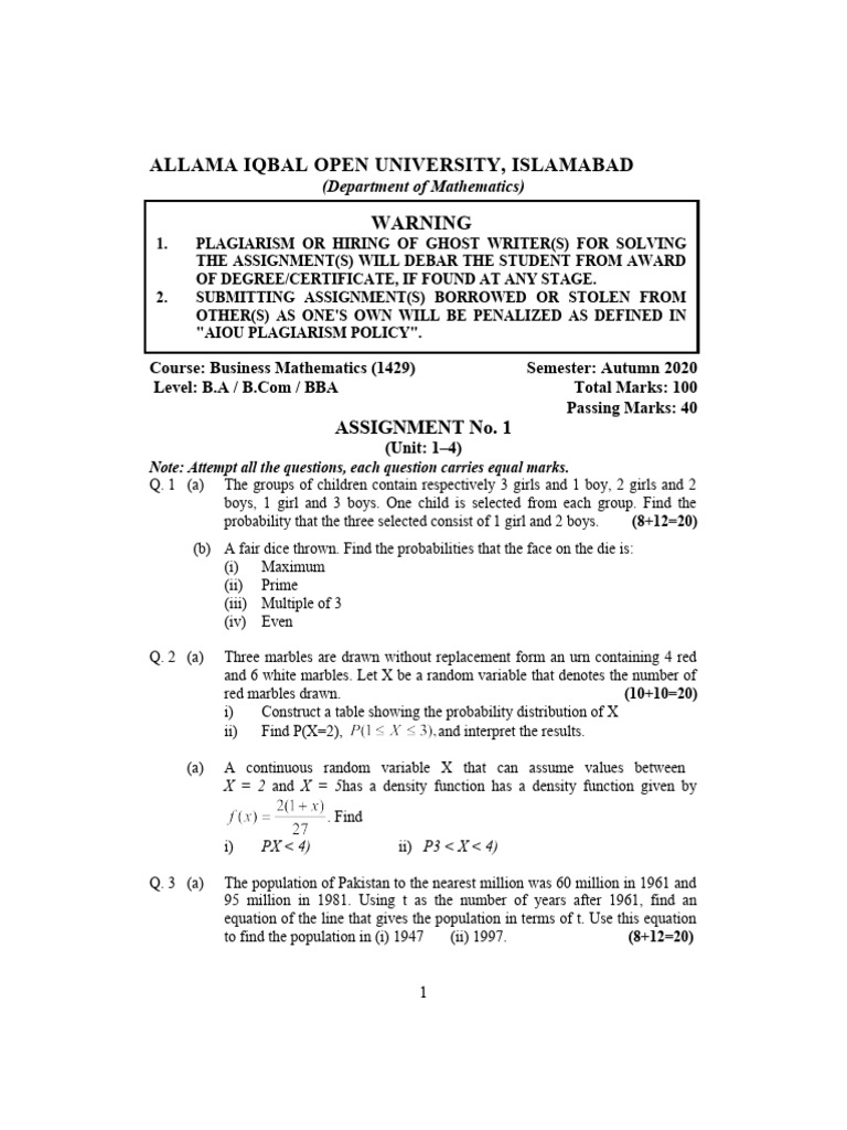 Allama Iqbal Open University, Islamabad Warning | PDF | Probability Density Function | Applied ...