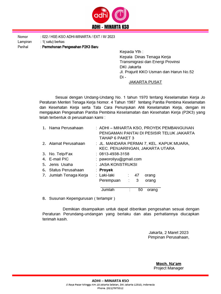 Surat Permohonan Pengesahan P2K3 | PDF