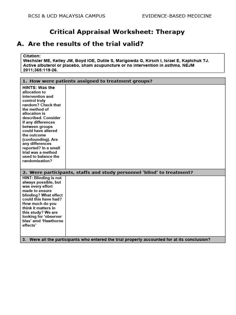 Therapy Critical Appraisal Worksheet | PDF | Confidence Interval ...
