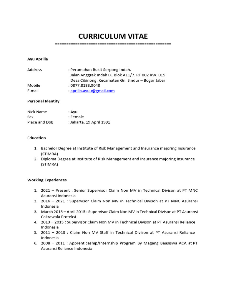 Ayu Aprilia's Insurance CV | PDF | Insurance | Business Law