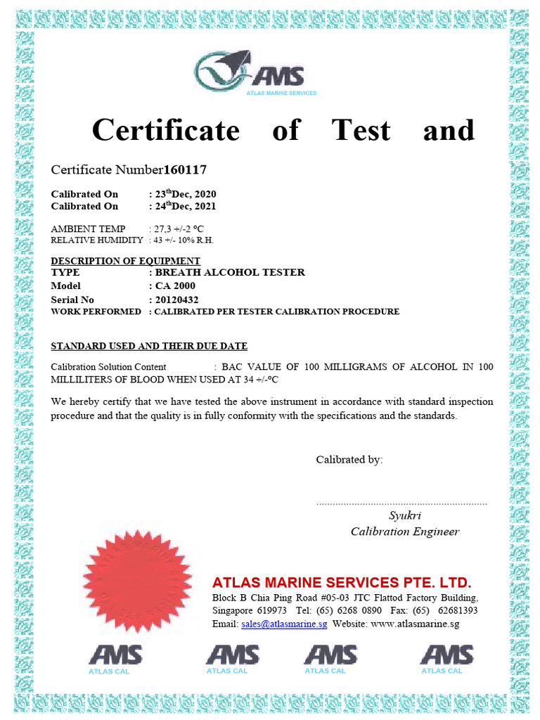 Breath Alcohol Tester Calibration Certificate | PDF